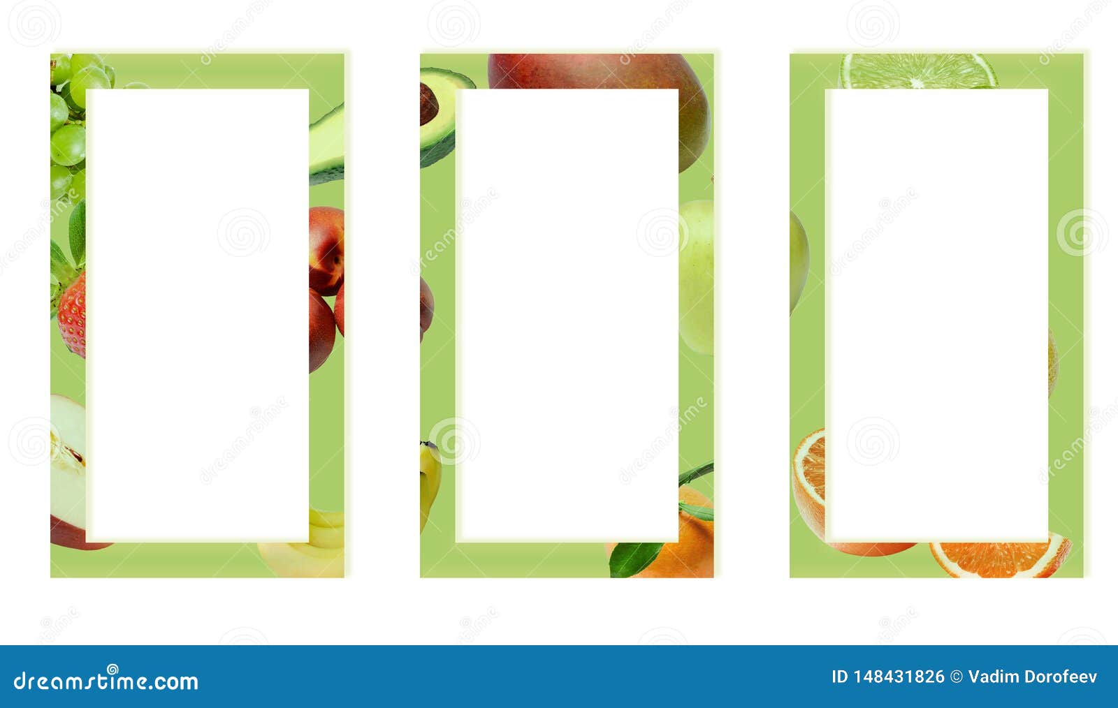 Three Green Rectangular Frames Decorated with Fruits. Stock Photo ...