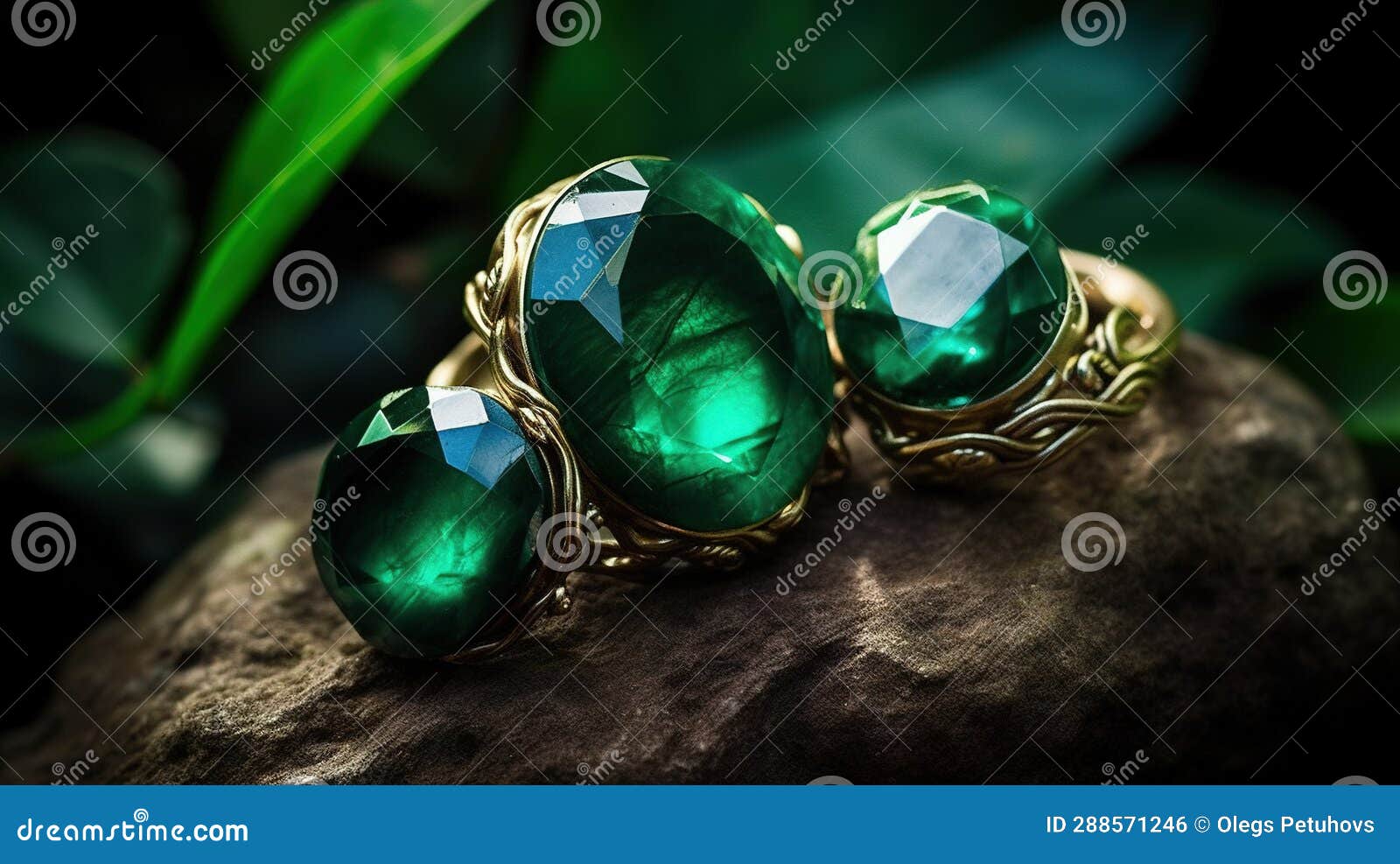 Three Green Rings Sitting on a Rock Next To a Plant Stock Photo - Image ...