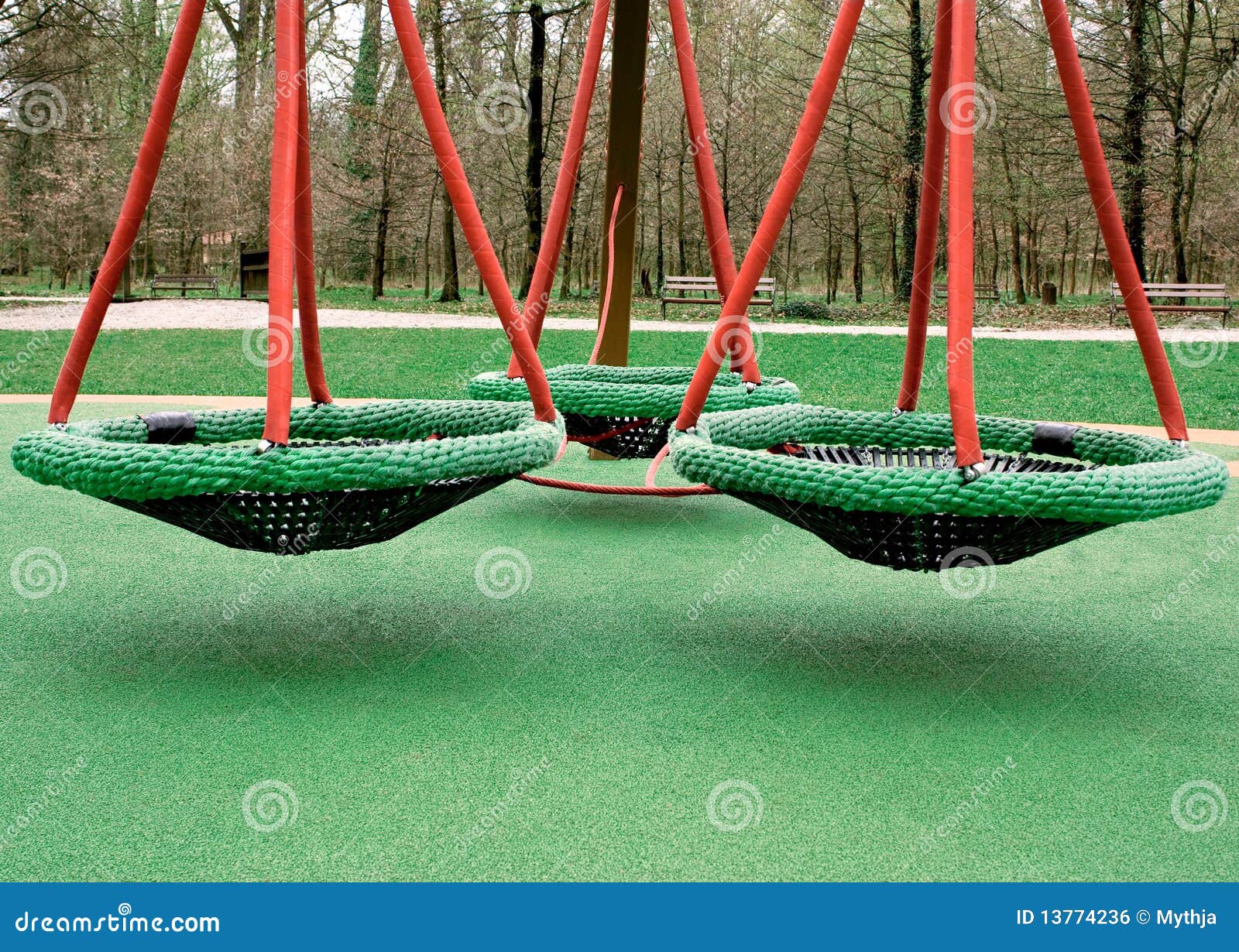 Three Green Swings Together Stock Photo - Image of playground, young ...