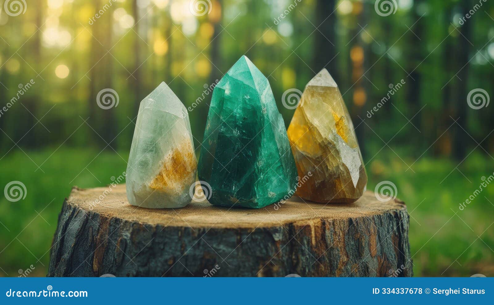Three Green and Yellow Crystals Sitting on a Stump in the Forest, AI ...