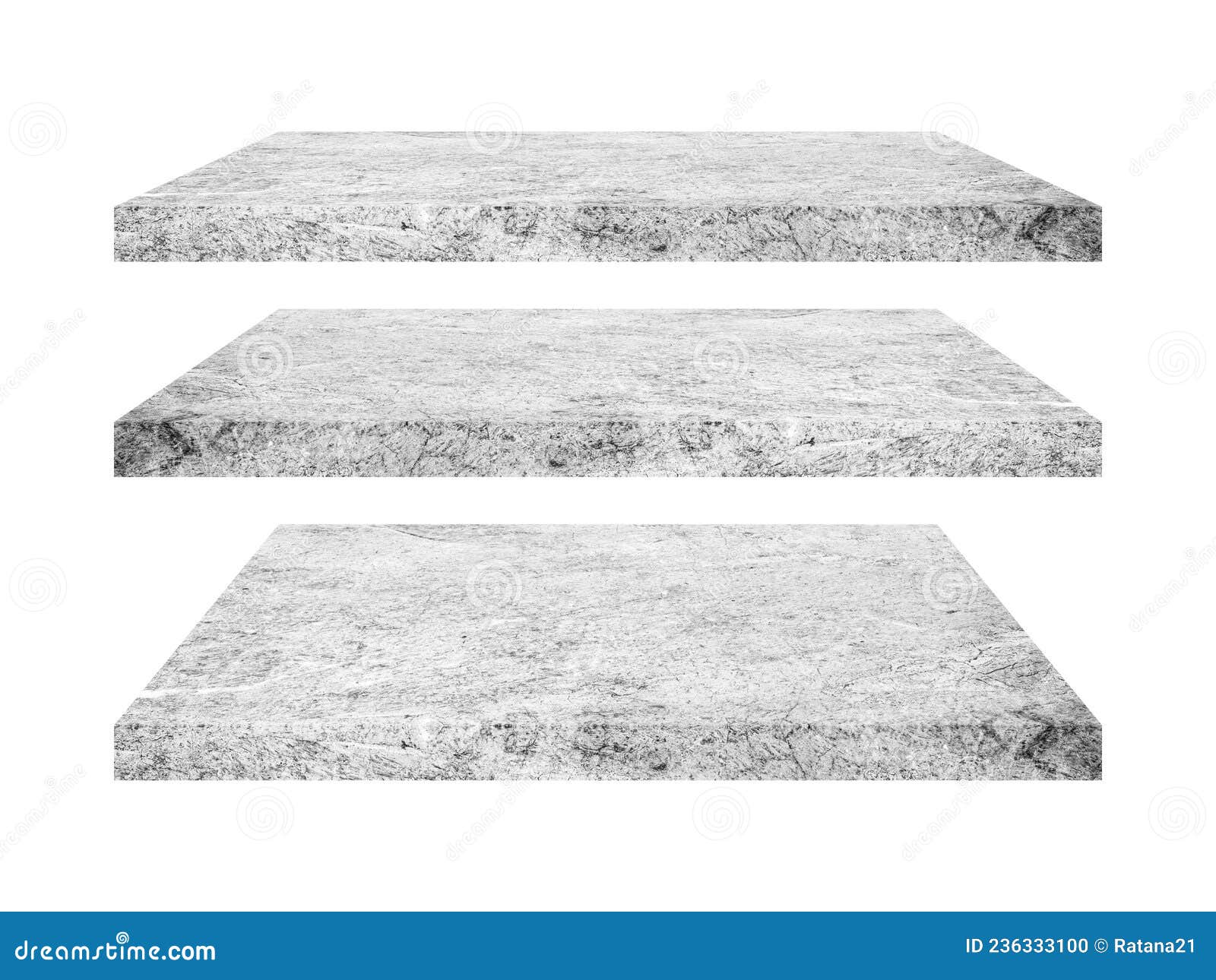 Three Grey Granite Stone Shelves Isolated on White Background with ...