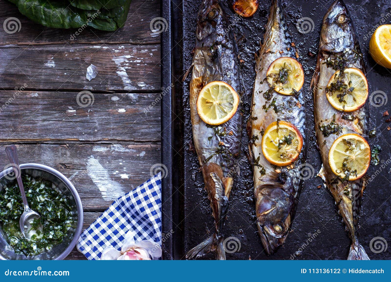 Three Grilled Fish, on Black Baking Tray, with Copy Space Stock Photo ...