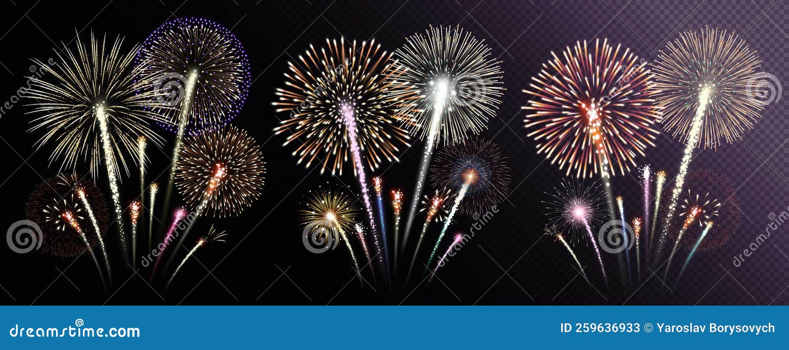 Three Groups Of Realistic Fireworks Isolated On Transparent Background ...
