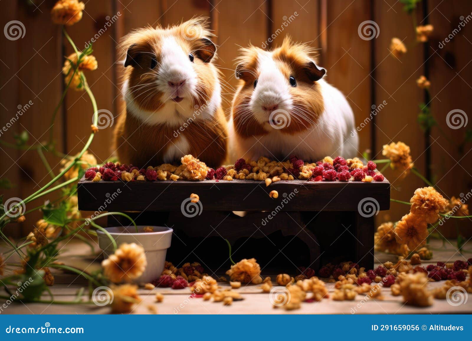 Three Guinea Pigs Eating Together from a Feeder Stock Photo - Image of ...