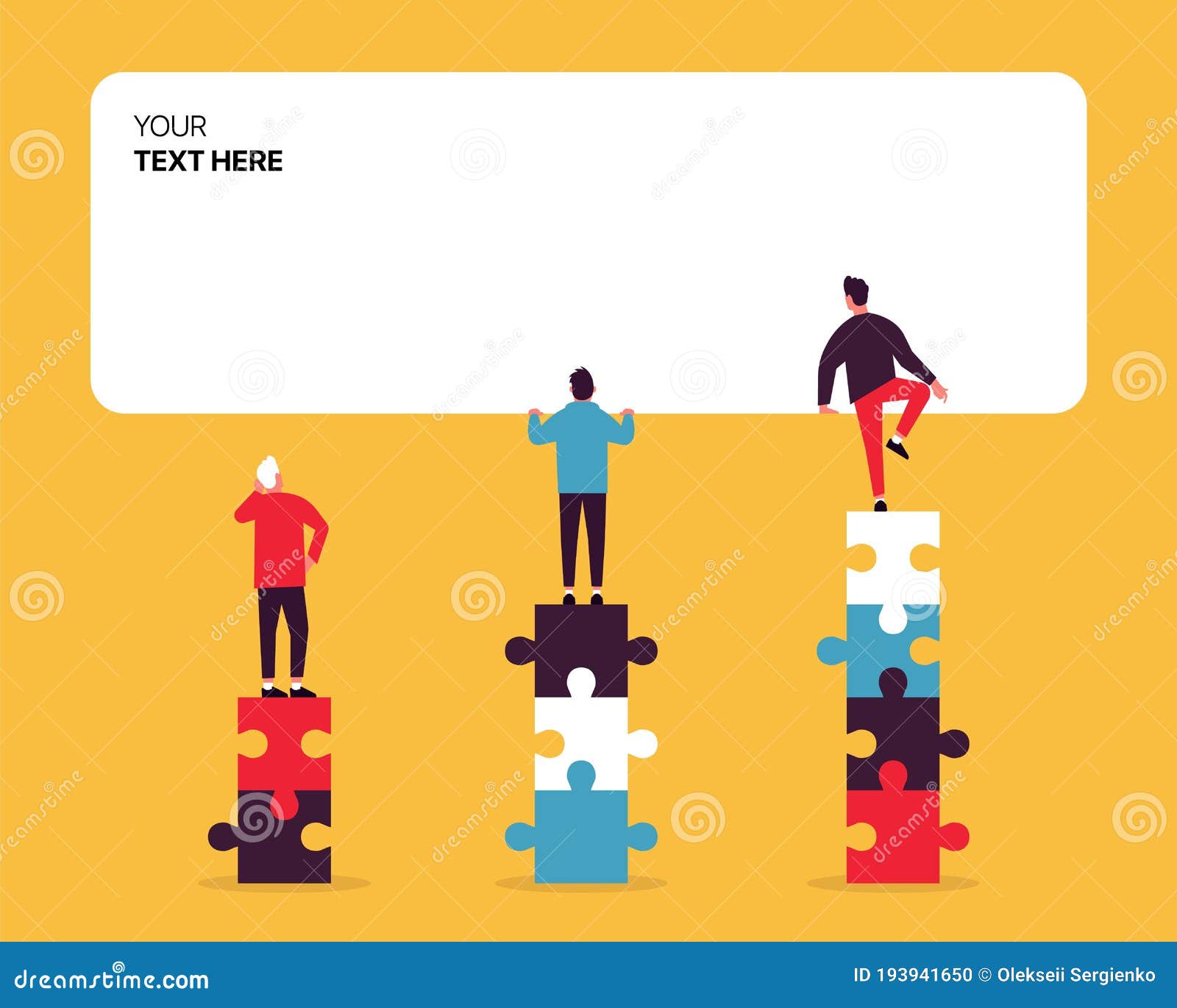 Three Guys Standing on Puzzles Stacks of Different Height and Looking ...