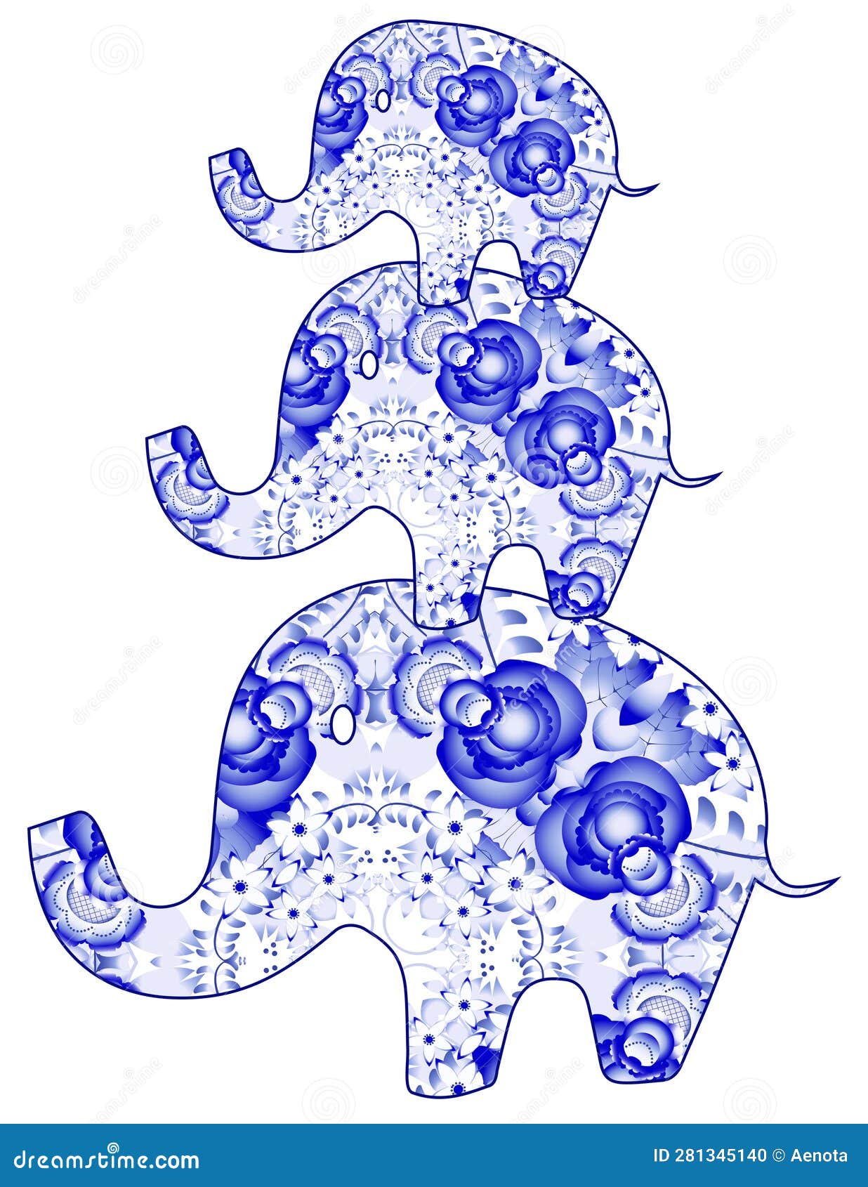 Three Gzhel Elephants for Happy in Pyramid Stock Vector - Illustration ...