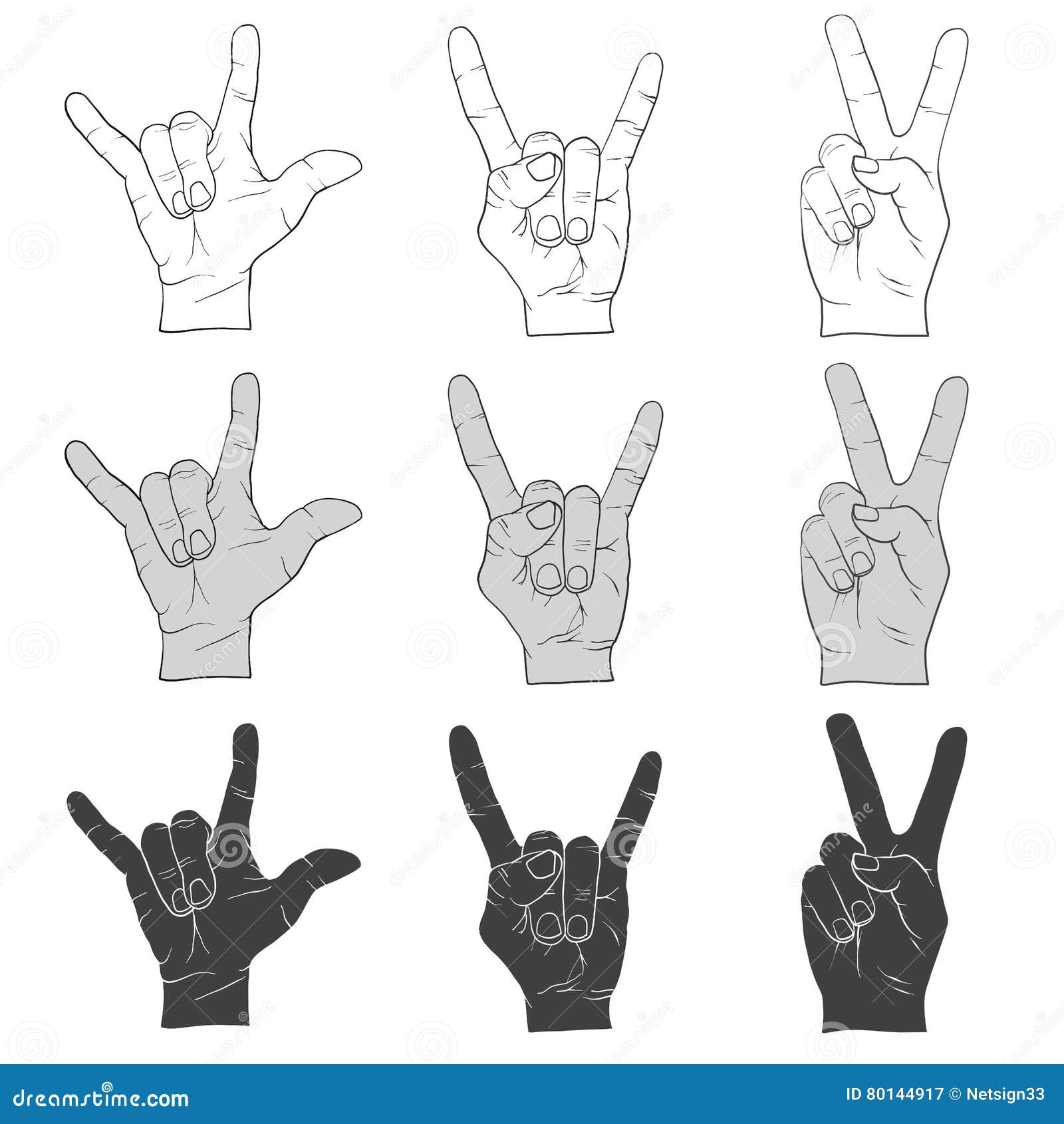 Three Hand Signs Gestures Outline and Filled Stock Vector ...