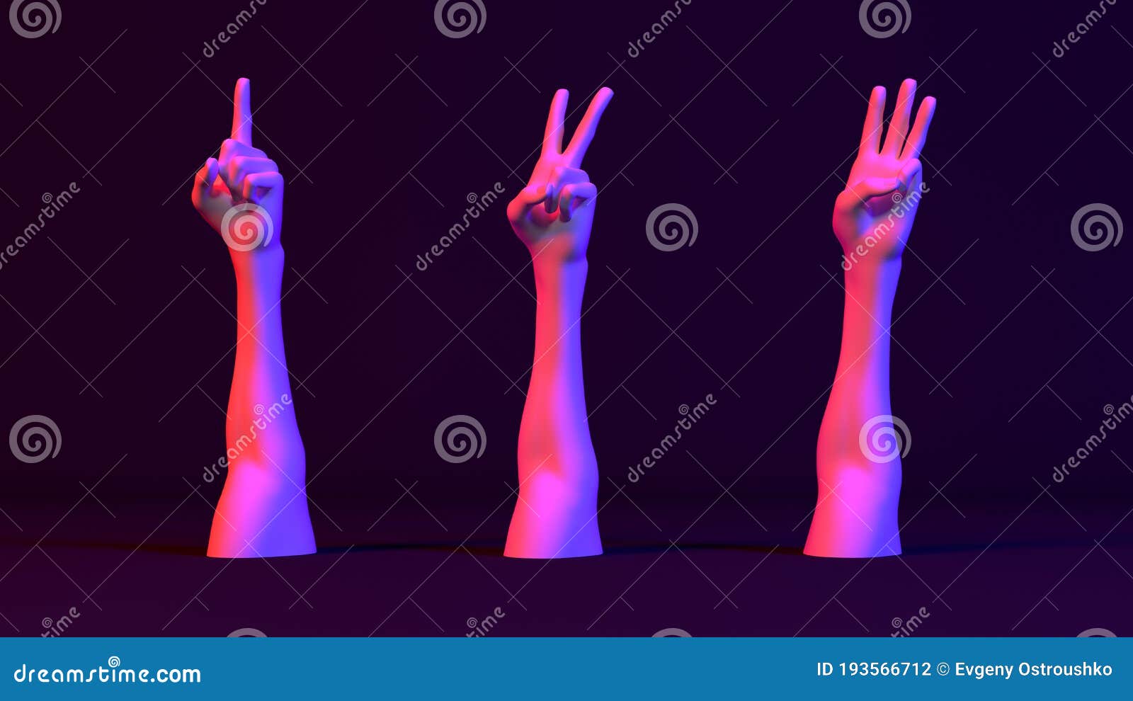 Three Hands in Neon Light on a Dark Background Stock Illustration ...