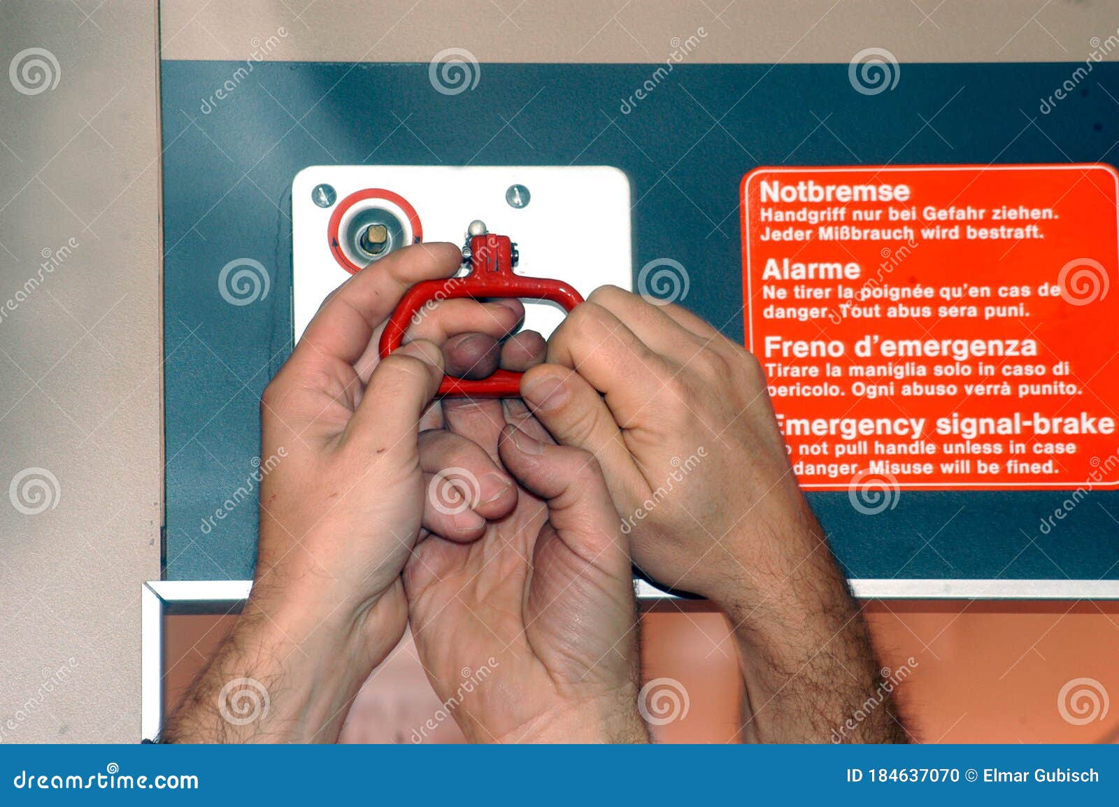 Three Hands Pulling Emergency Signal Brake Stock Photo - Image of ...