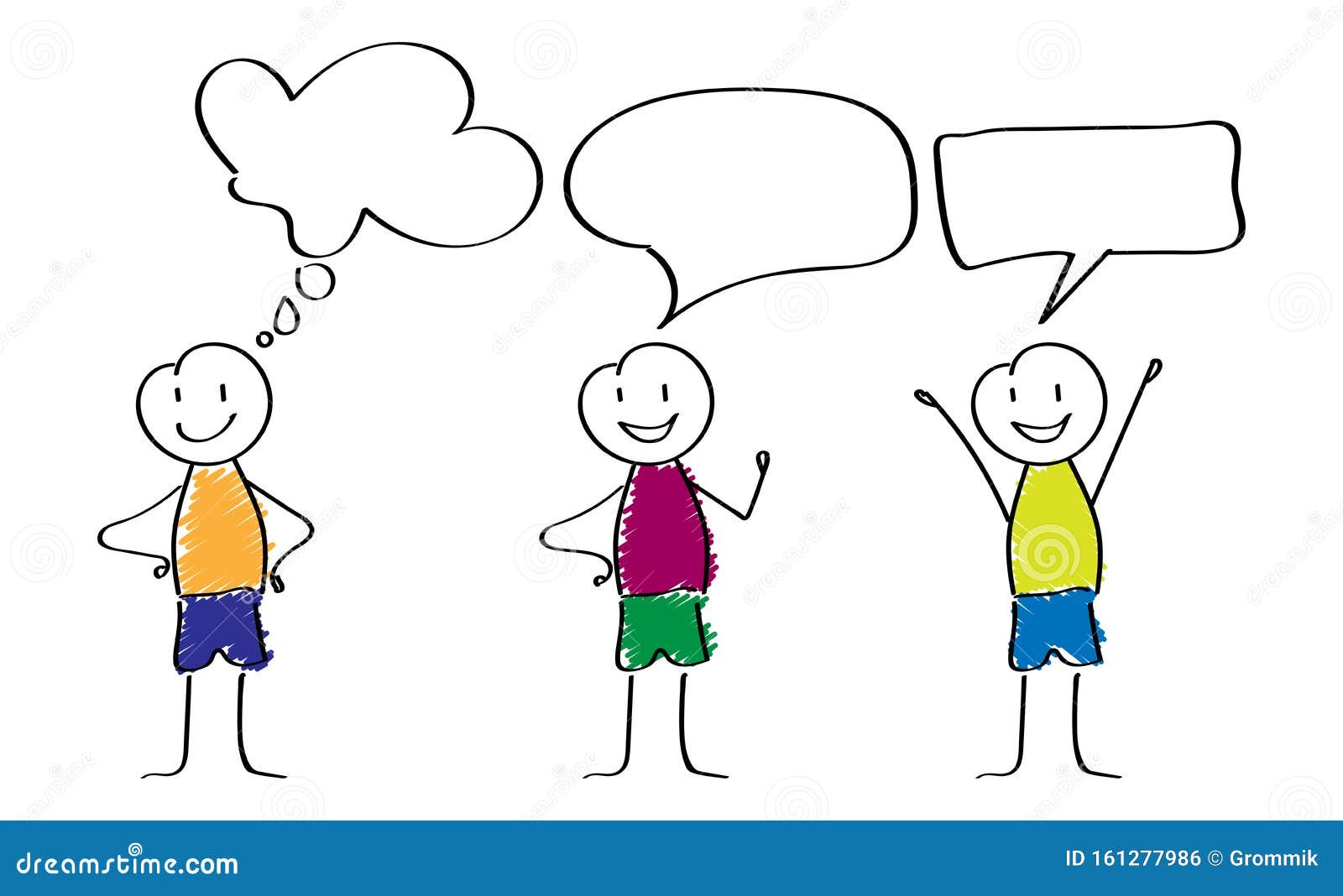 Three Happy Cartoon Stickmen with Empty Speech Bubbles Stock Vector ...