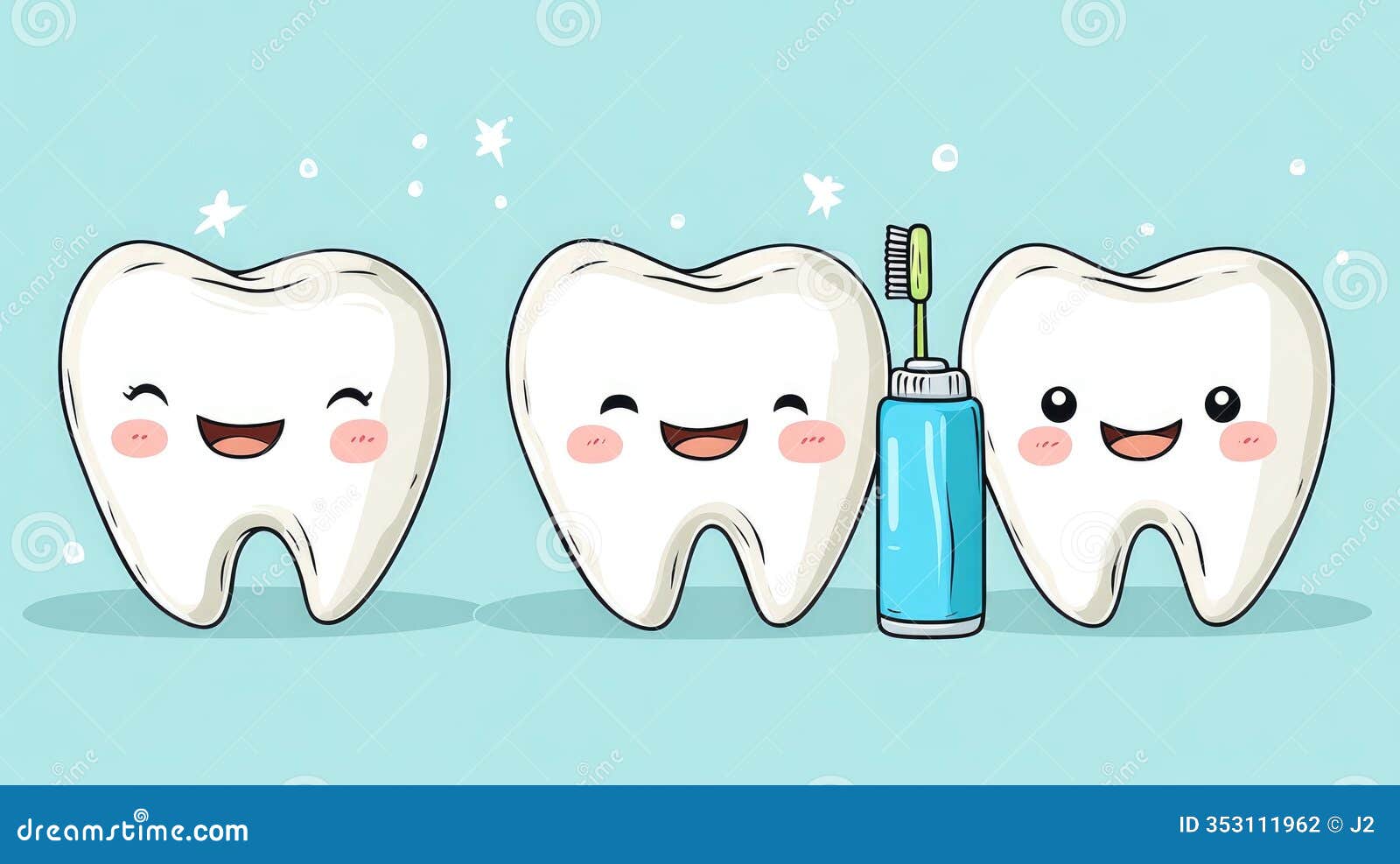 Three Happy Cartoon Teeth with Toothbrush and Toothpaste on Blue ...