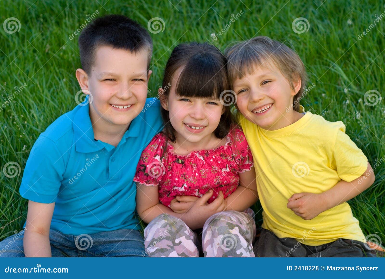 Three Happy Children in Grass Stock Photo - Image of family, beaming ...