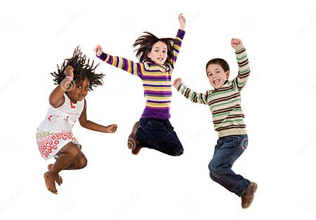 Three Happy Children Jumping at Once Stock Photo - Image of cheerful ...