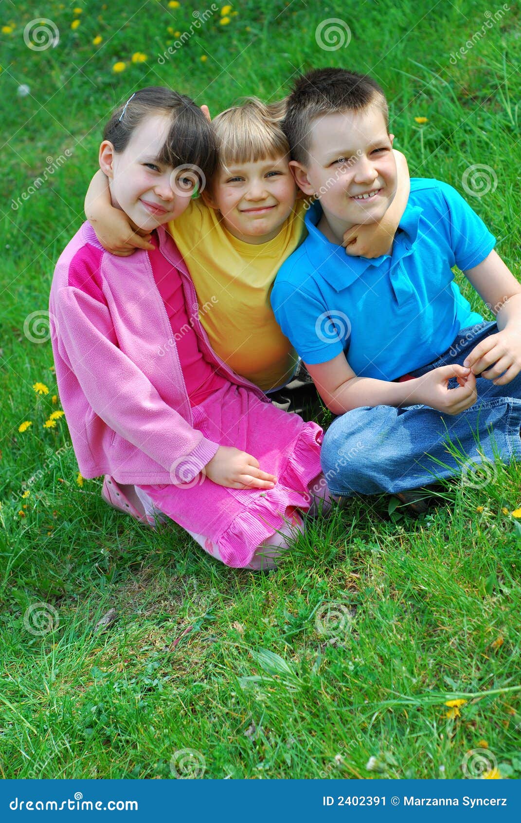 Three Happy Children in Meadow Stock Image - Image of boys, happy: 2402391