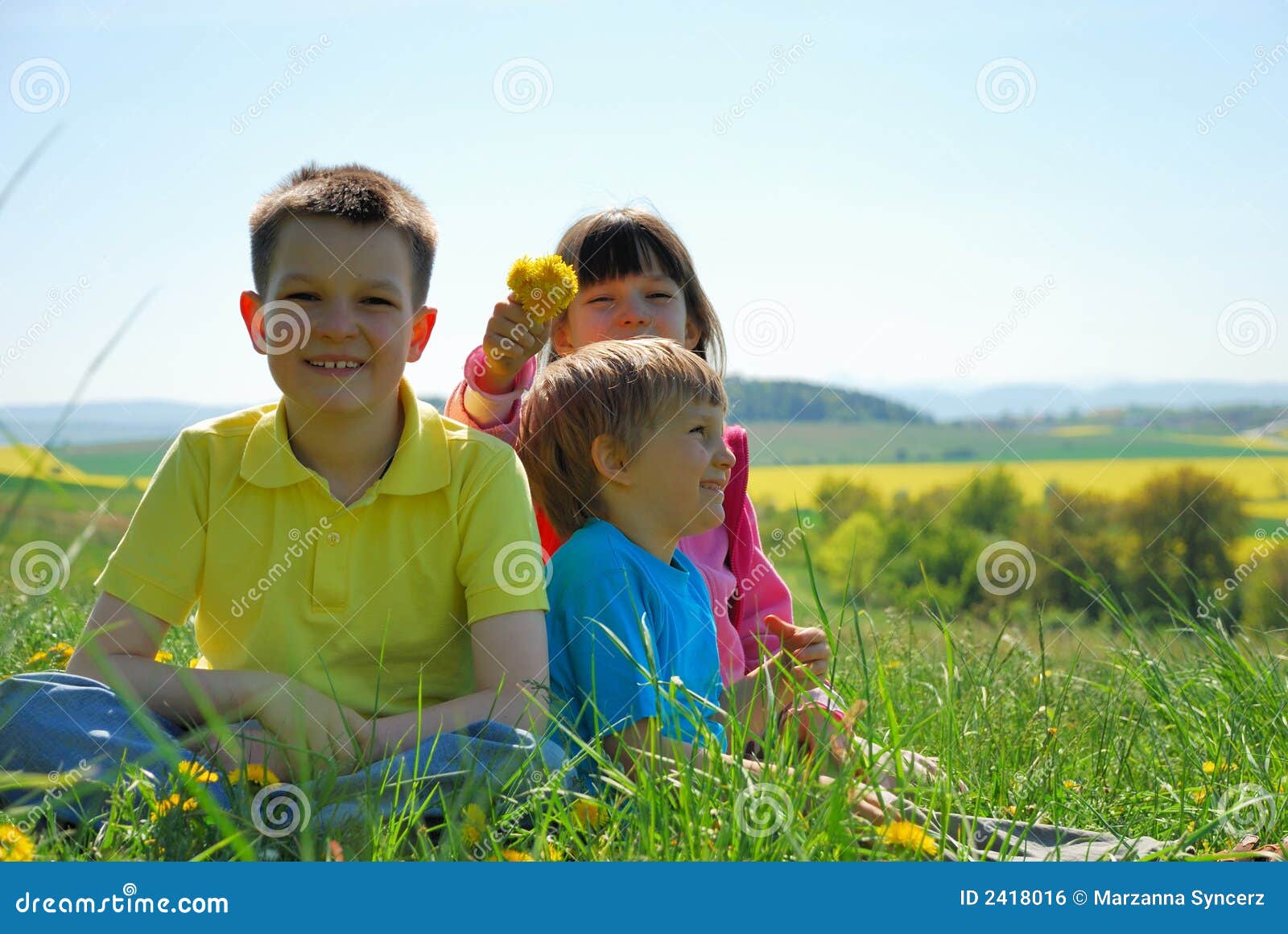 Three Happy Children in Meadow Stock Photo - Image of meadow, field ...