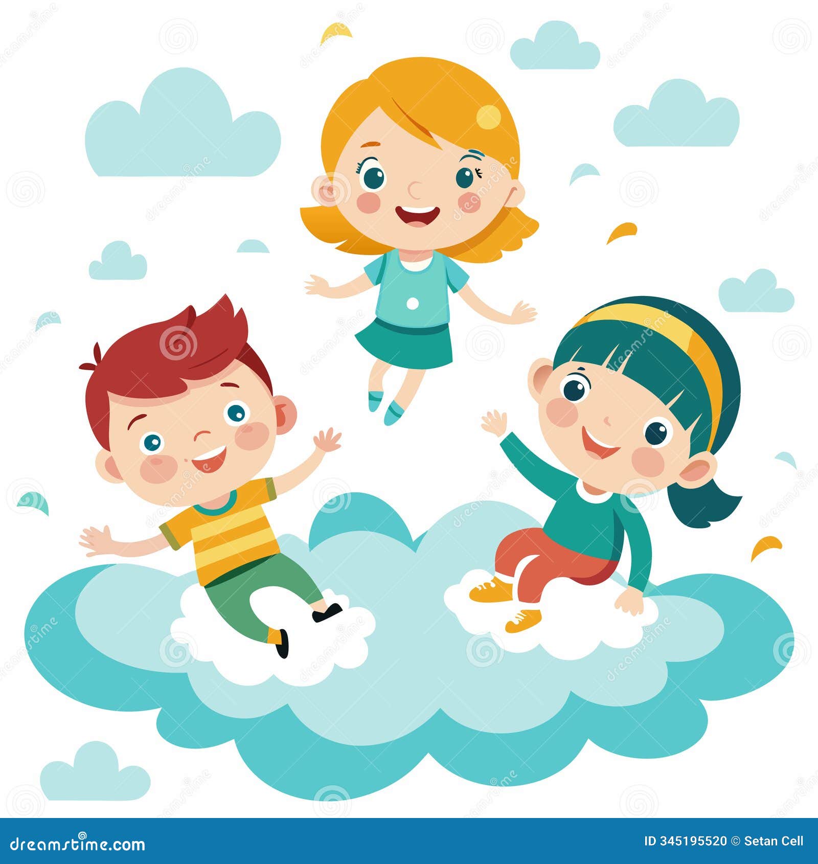 Three Happy Children Playing on a Cloud with a Blue Sky and White ...