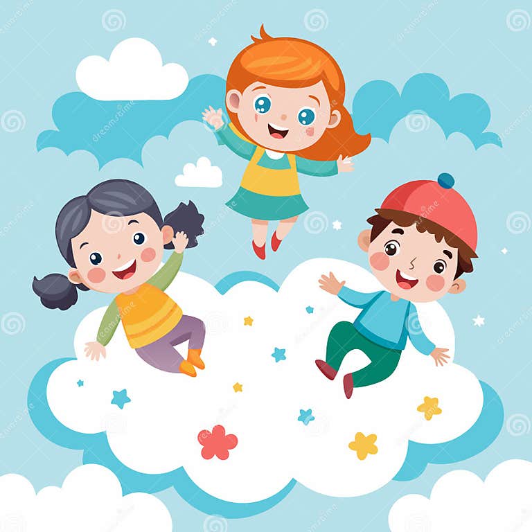 Three Happy Children Playing on a Cloud in the Sky Stock Vector ...