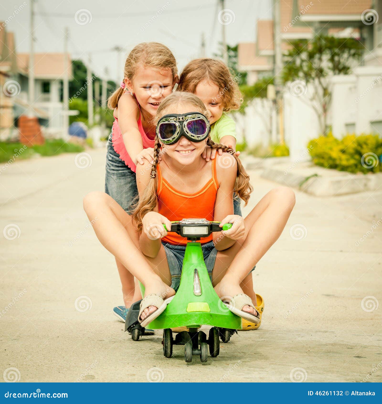 Three Happy Children Playing on the Road Stock Photo - Image of brother ...