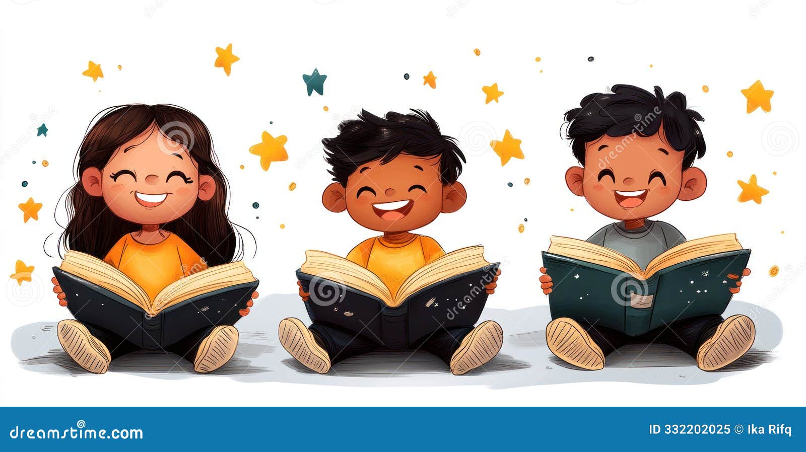 Three Happy Children Reading Books Illustration Stock Illustration ...