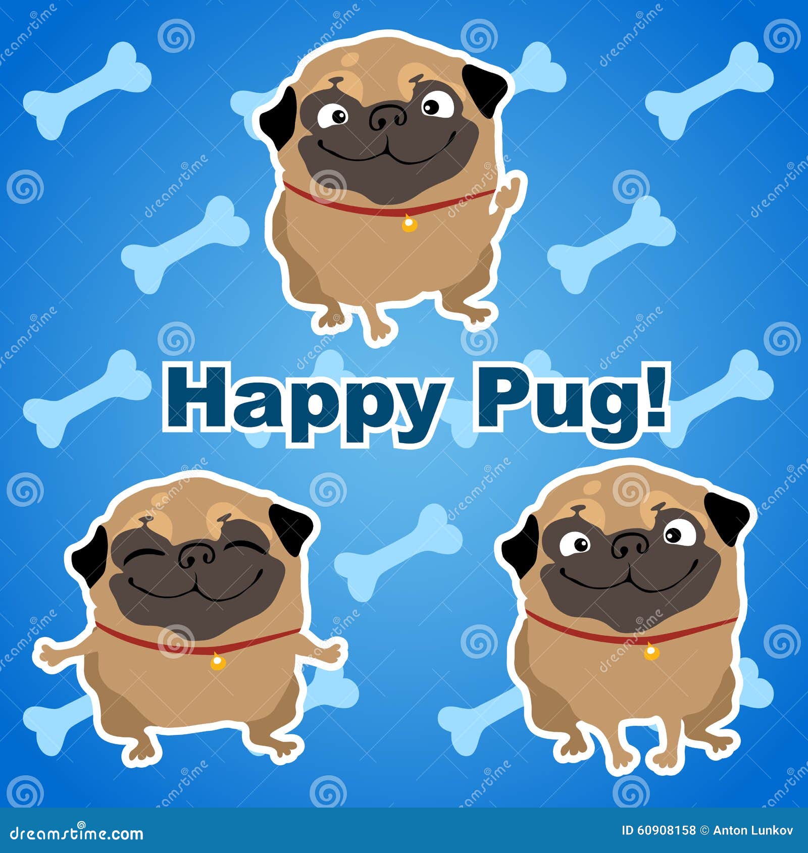 Three Happy Dogs on a Blue Background with Bones Stock Vector ...