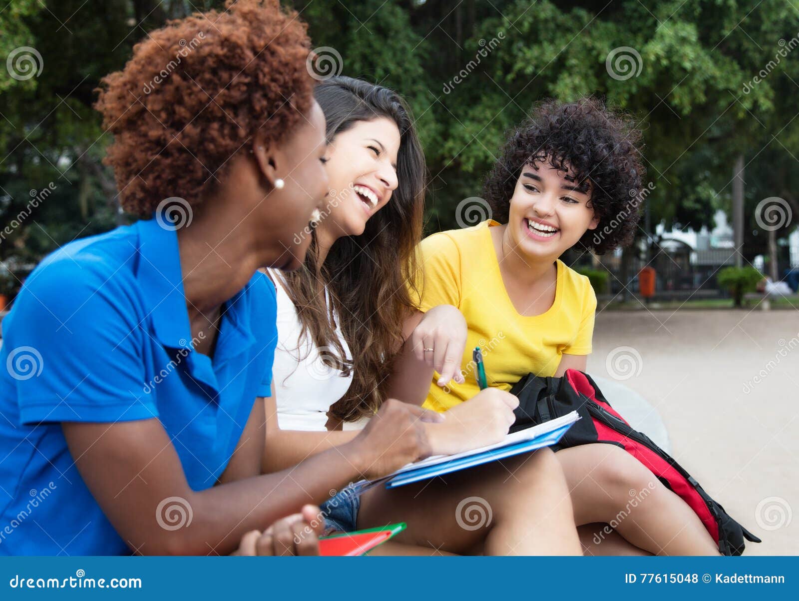 Three Happy Female Students Learning Outdoor Stock Photo - Image of ...