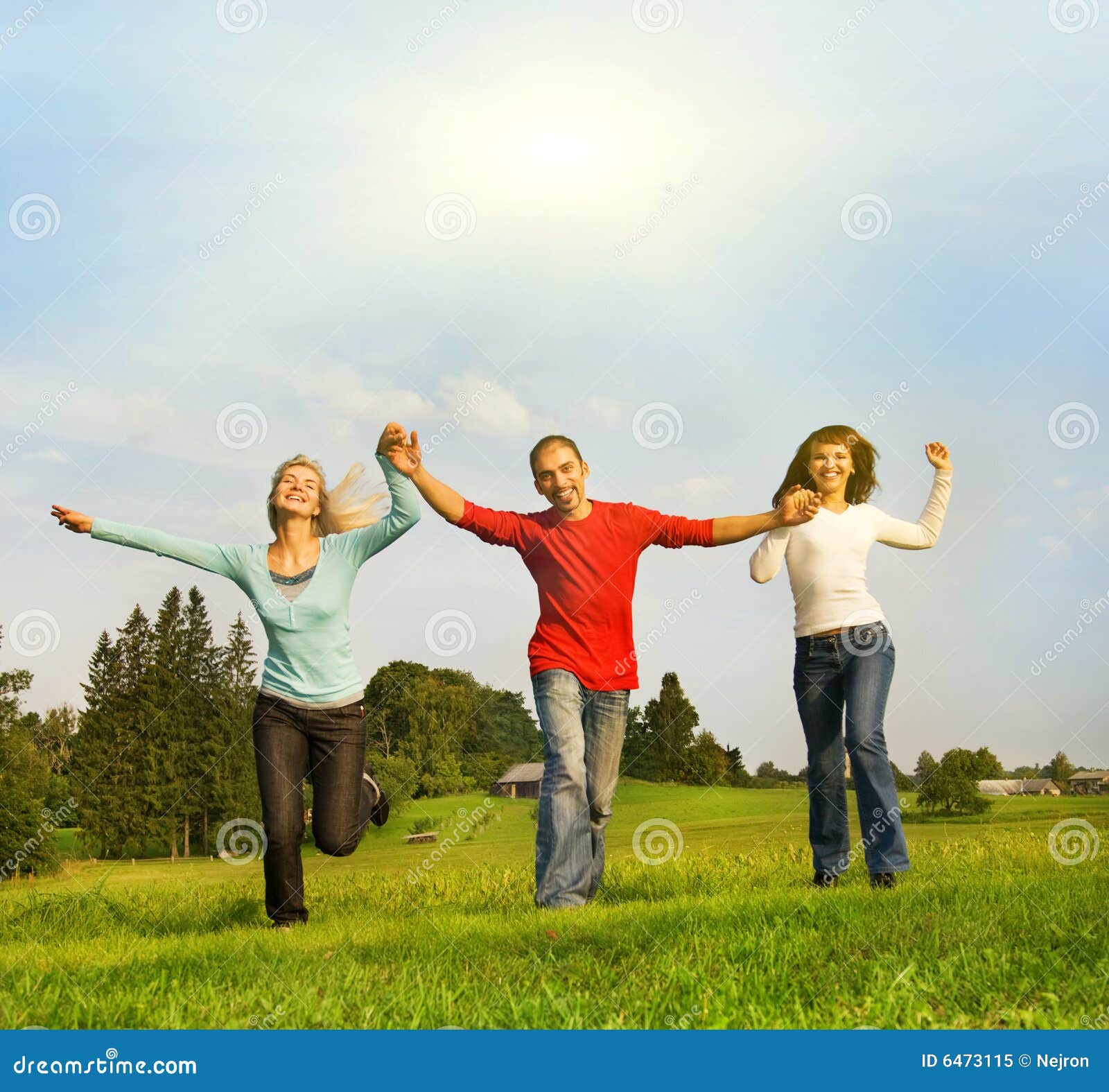 Three happy friends stock image. Image of arms, green - 6473115