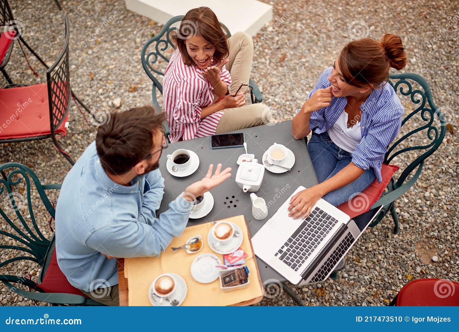 Three Happy Friends Having Coffee Together Stock Photo - Image of group ...