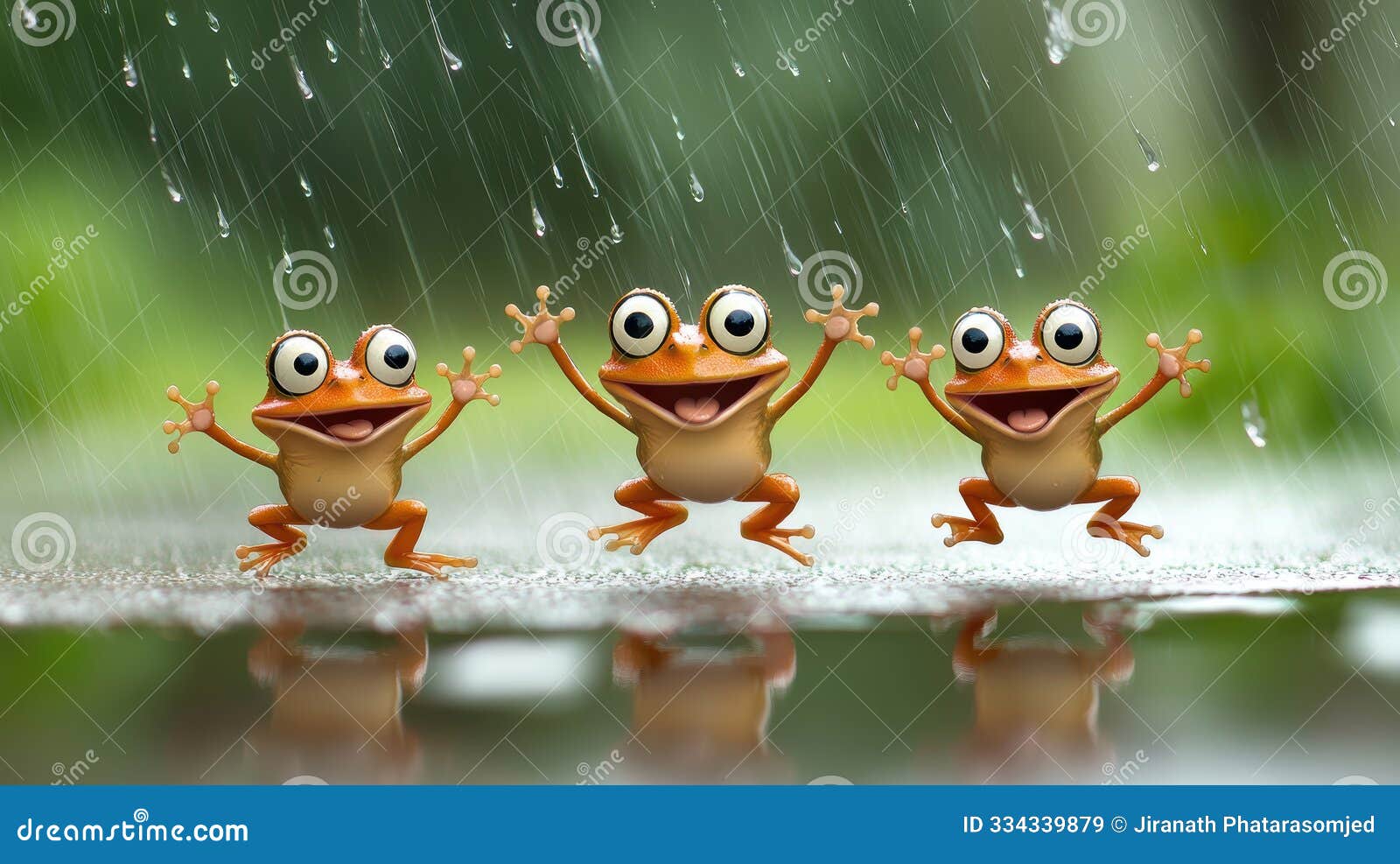 Three Happy Frogs in the Rain Stock Illustration - Illustration of ...