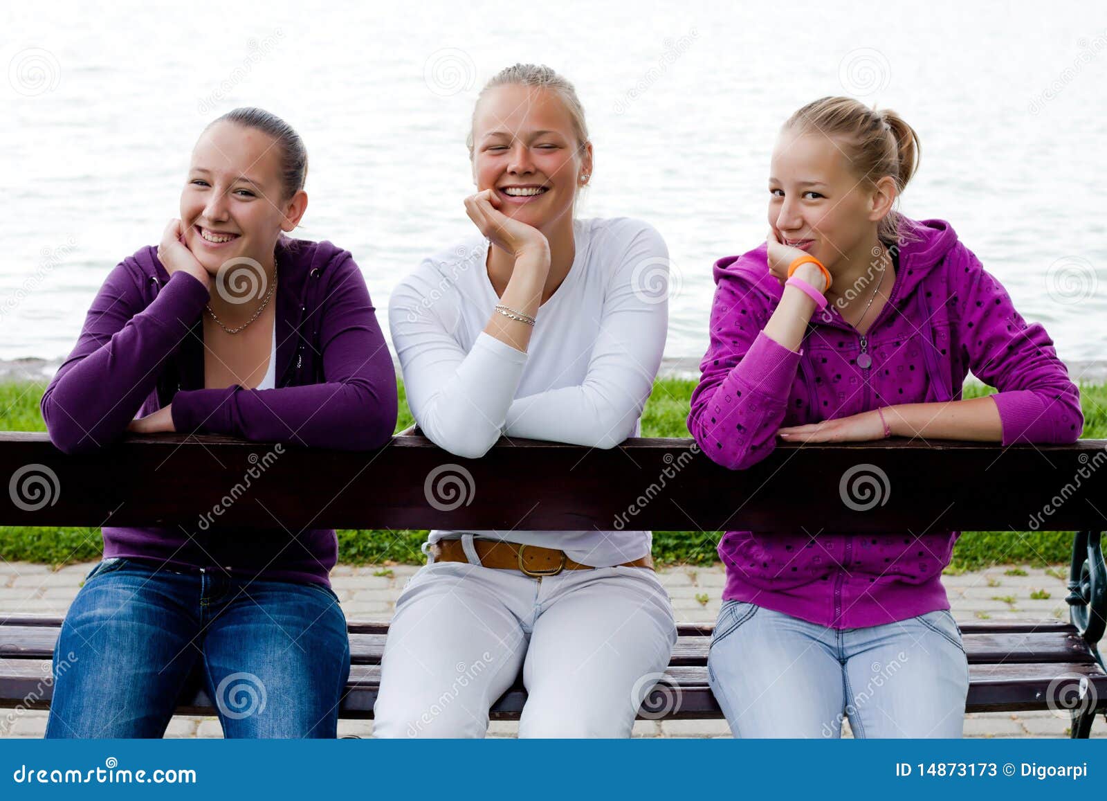 Three happy girls stock image. Image of model, green - 14873173