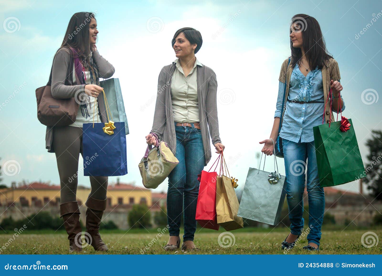 Three Happy Girls Doing Shopping Stock Photo - Image of girls, women ...