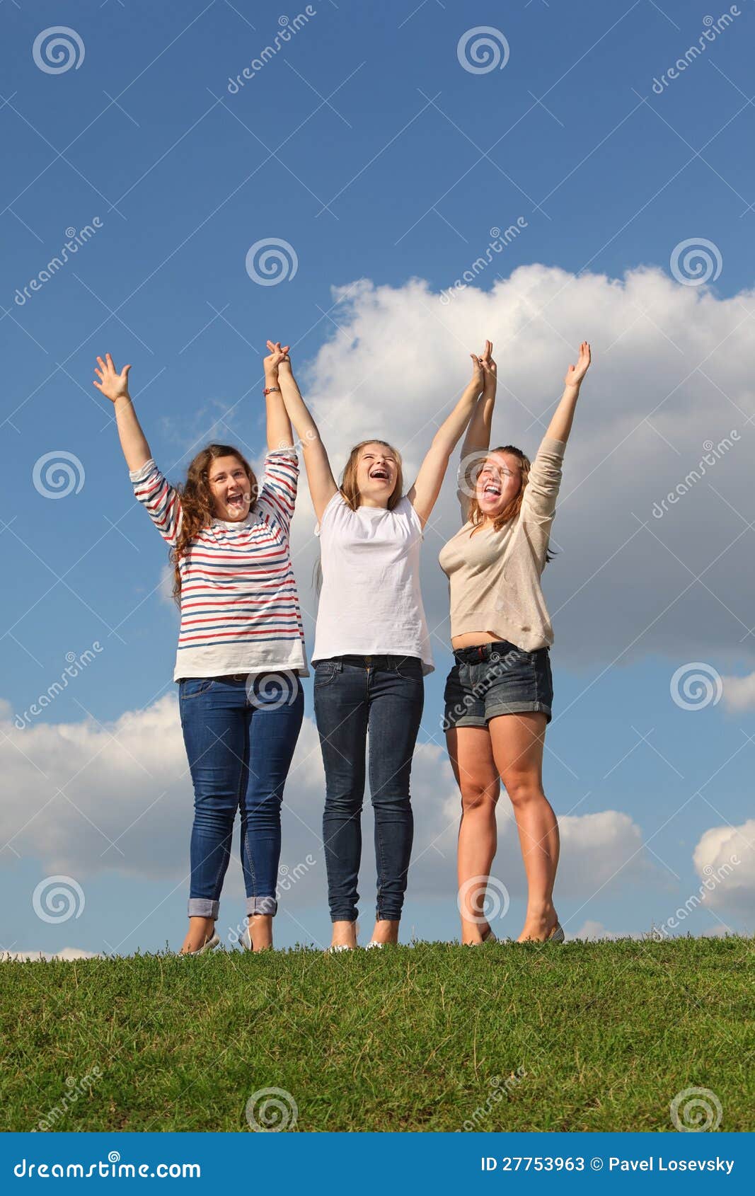 Three Happy Girls Pose at Grass Stock Image - Image of girl, group ...