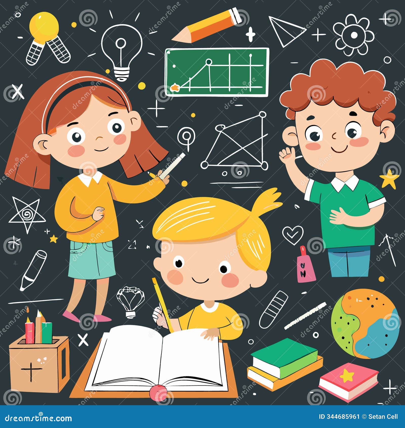 Three Happy Kids with a Book, Pencils, and a Blackboard Filled with ...