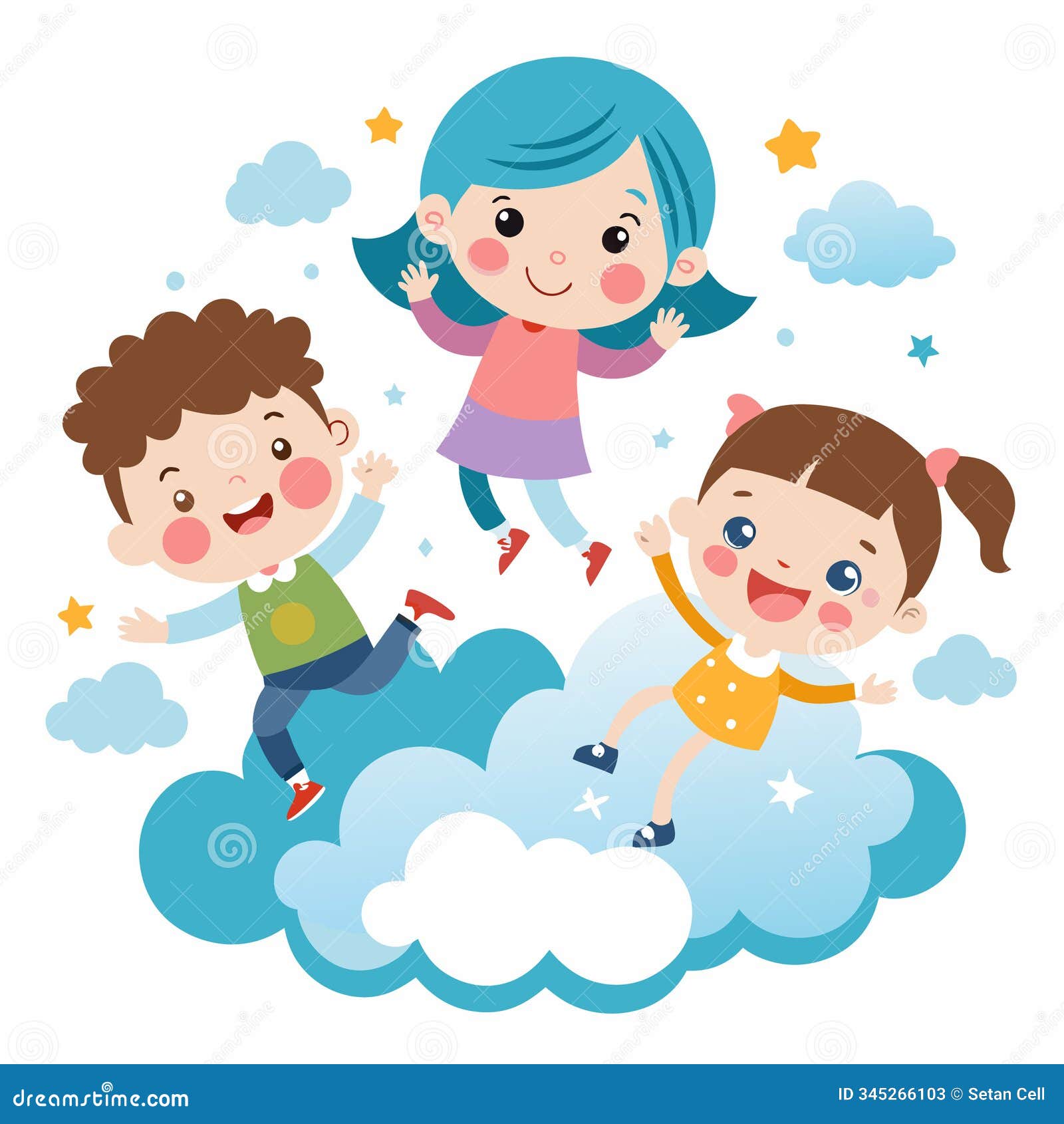 Three Happy Kids Jumping on a Cloud with Stars Stock Vector ...