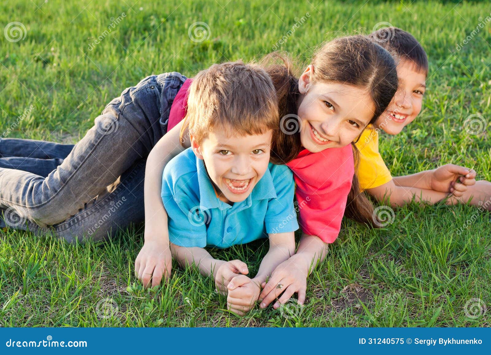 Three Happy Kids Playing on the Meadow Stock Image - Image of child ...