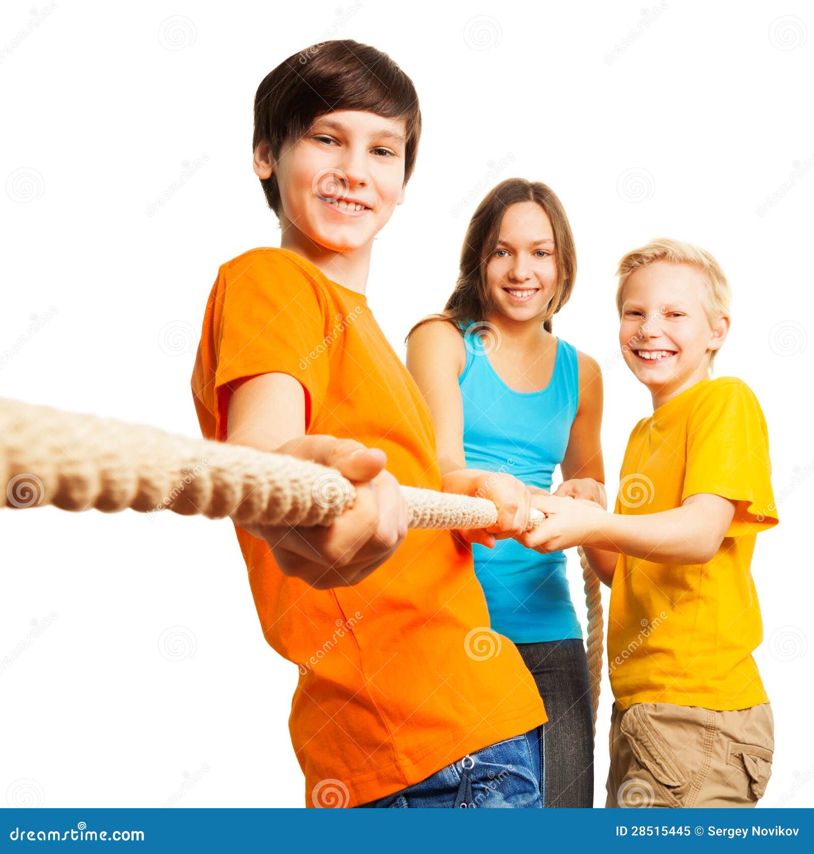Three Happy Kids Pull the Rope Stock Image - Image of isolated, boys ...