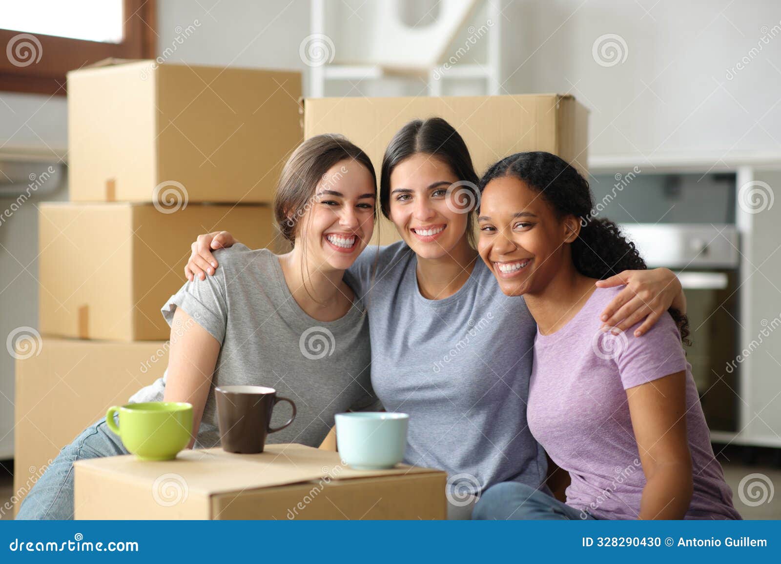 Three Happy Roommates Posing Moving House Stock Photo - Image of ...