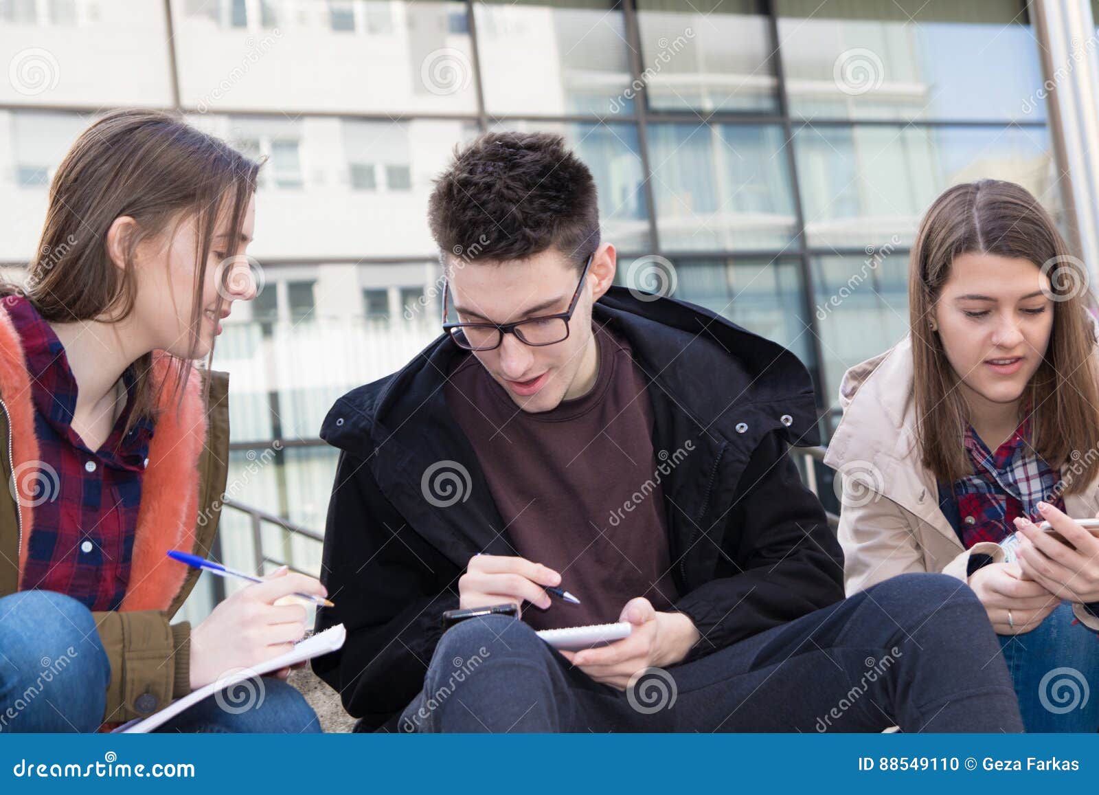 Three Happy Smiling Students Take Notes Stock Photo - Image of teenager ...