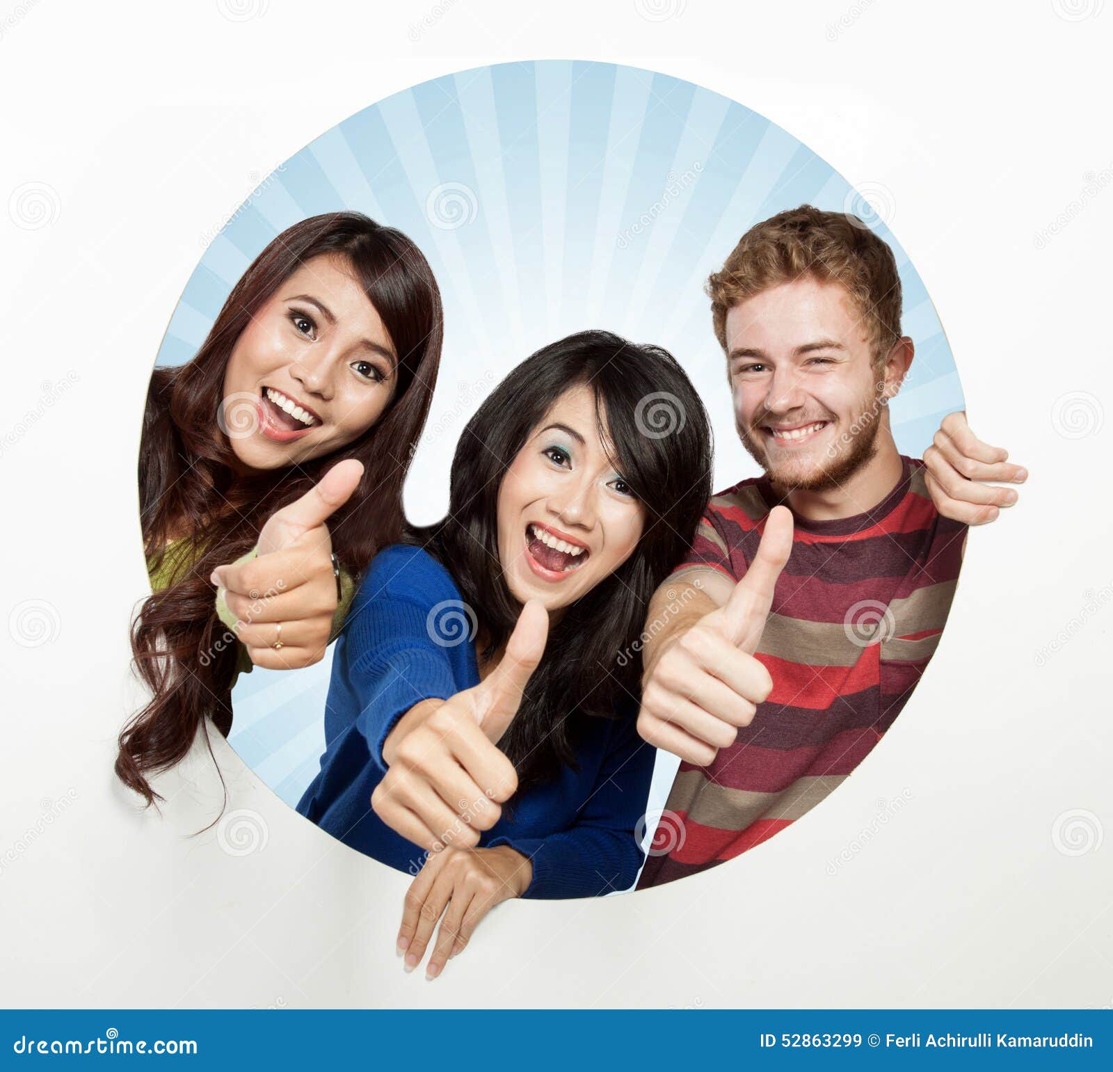 Three Happy Student Come Out from a White Circle, Thumbs Up Stock Image ...