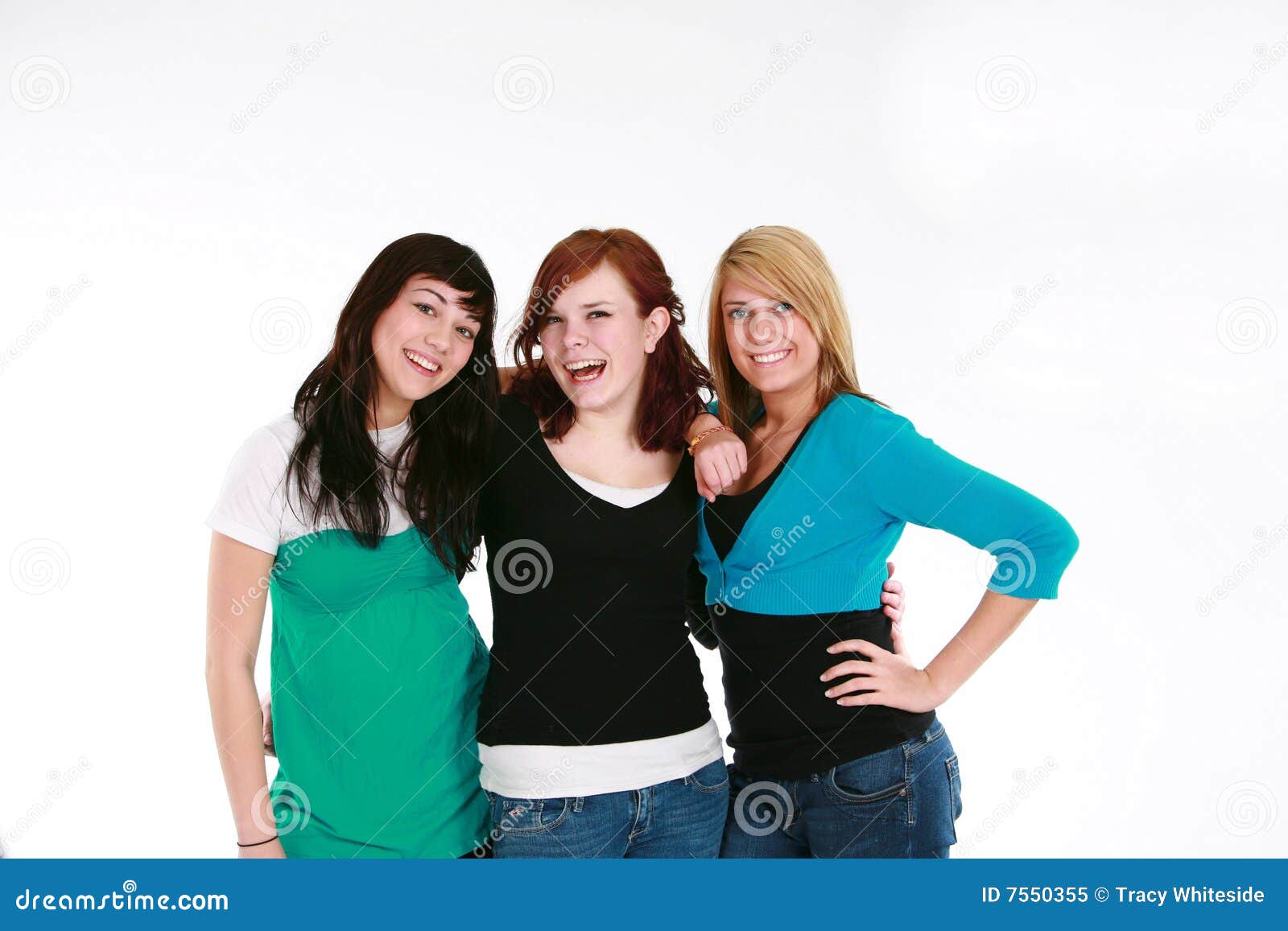 Three happy teen girls stock image. Image of brunette - 7550355