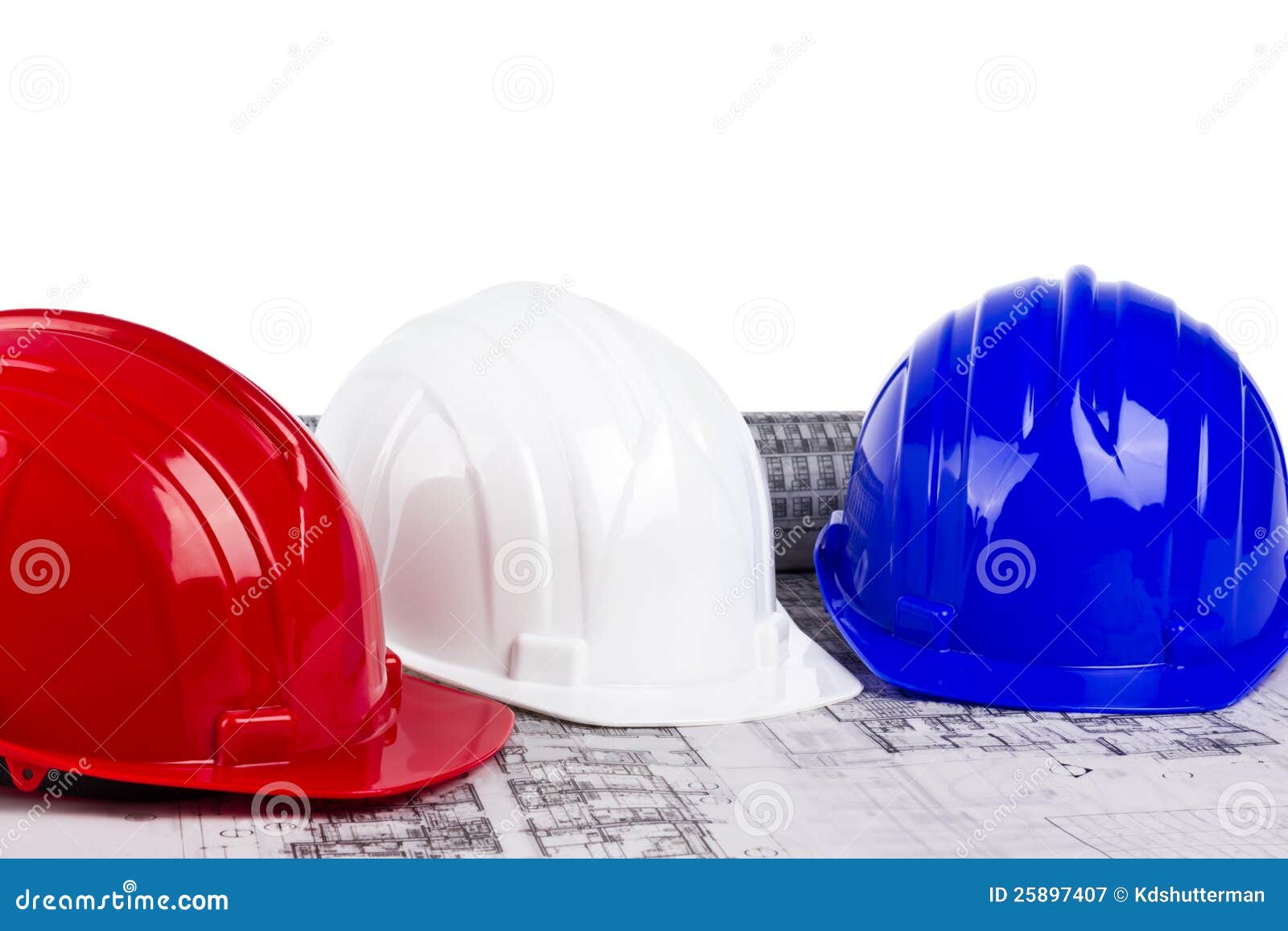 Three Hard Hats On Blueprint Stock Image - Image of contractor, close ...