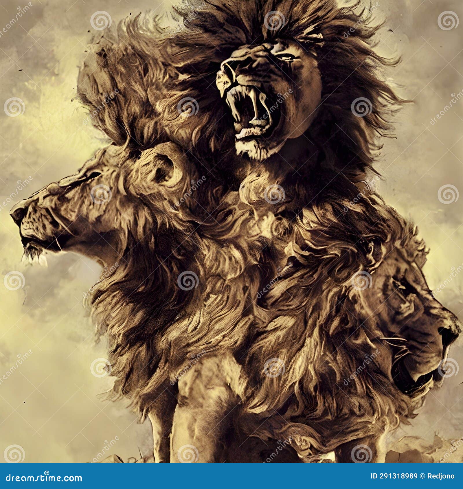 Three Headed Lion Mythical Horrific Beast Stock Illustration ...