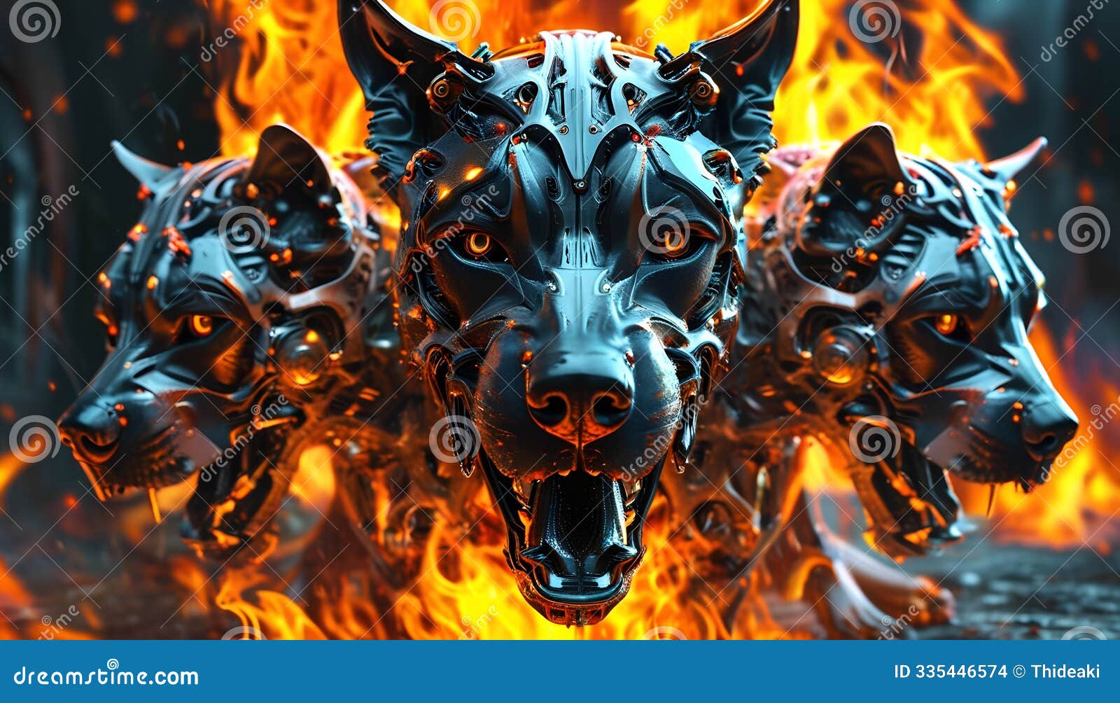 A Three-headed Metallic Wolf, Engulfed in Flames, Snarls with Glowing ...