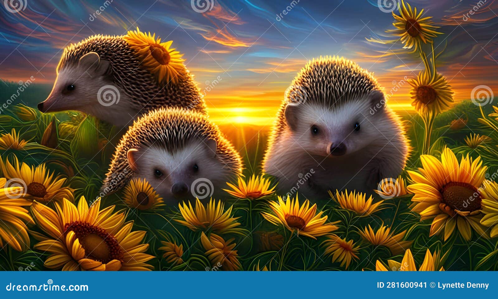 Hedgehogs in a Field of Sunflowers Stock Illustration - Illustration of ...