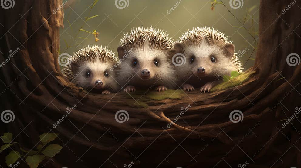 Three Hedgehogs in the Forest Peeping Over a Tree Trunk Root Stock ...