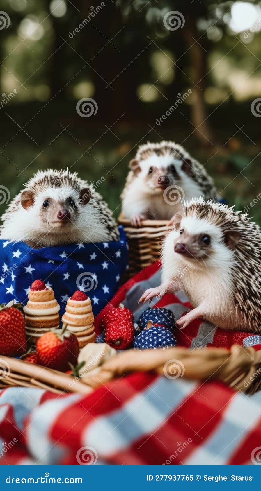 Three Hedgehogs Sitting in a Basket with Strawberries. Generative AI ...