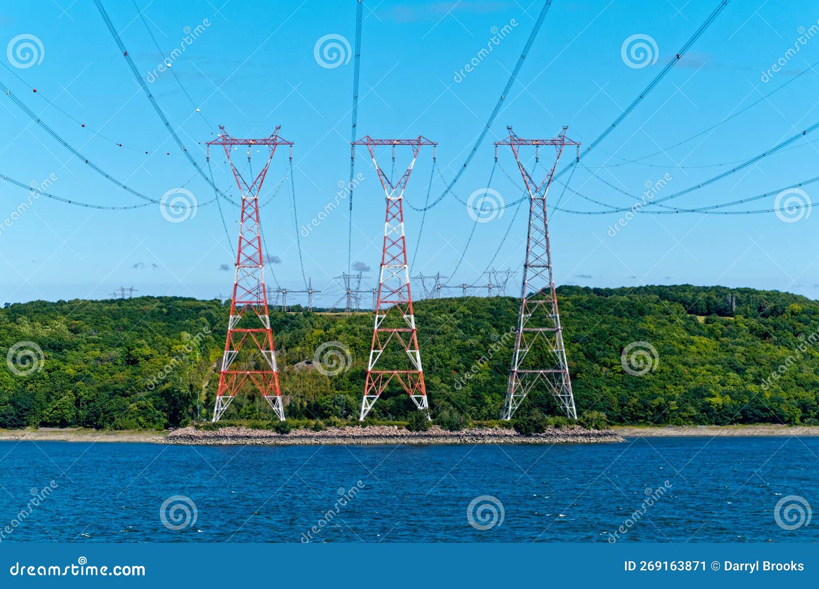 Three High Power Electric Towers Stock Image - Image of channel ...