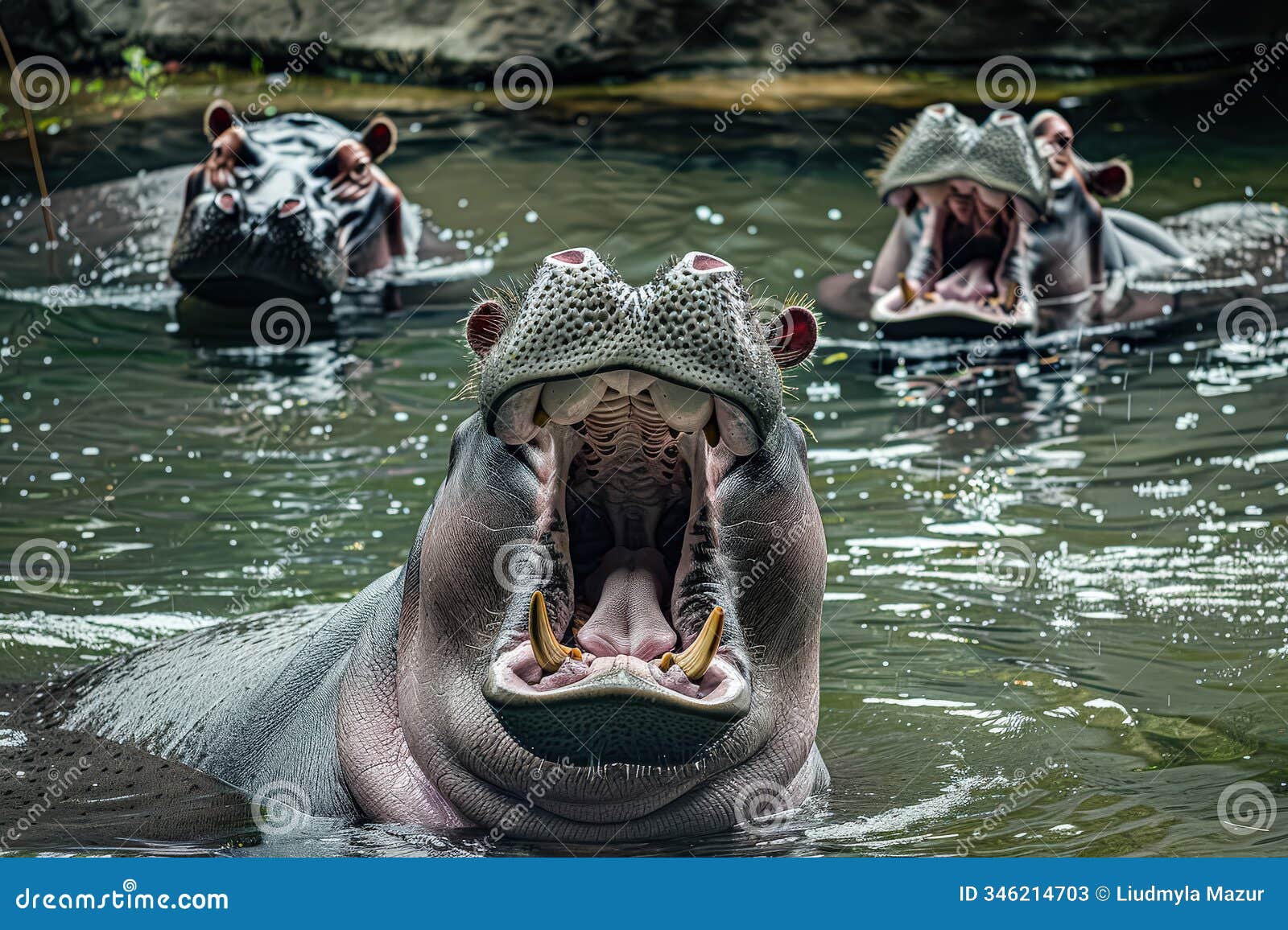 Three Hippos are in a Pool, One of Them is Making a Loud Noise. Stock ...