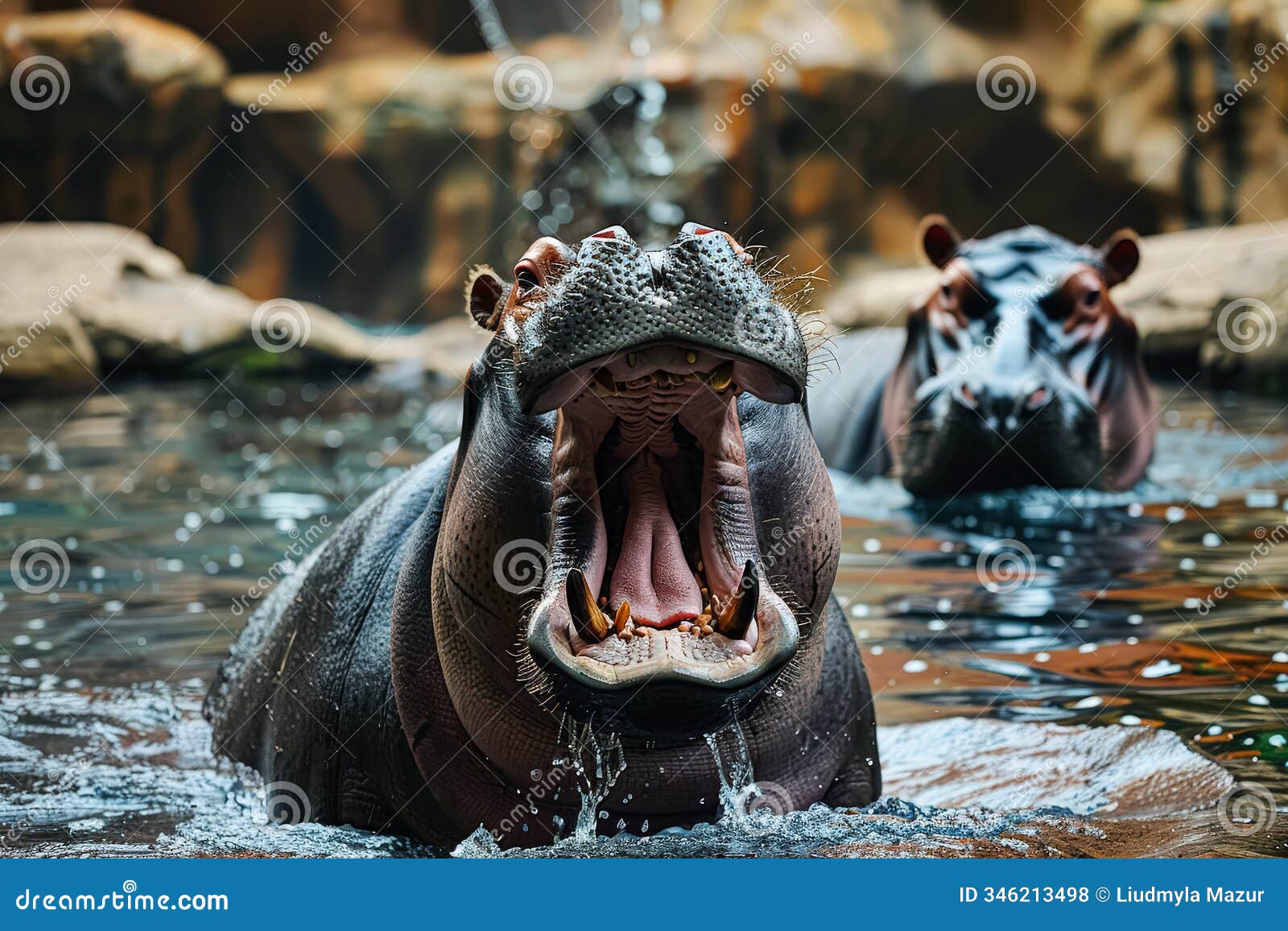Three Hippos are in a Pool, One of Them is Making a Loud Noise. Stock ...