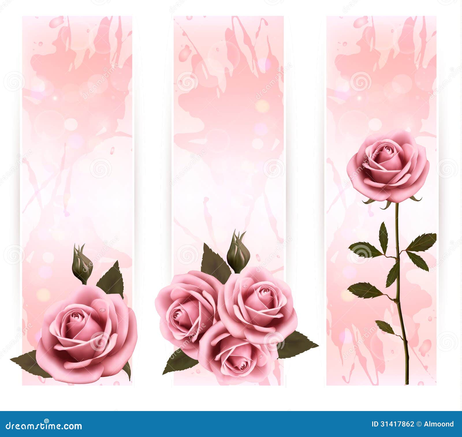 Three Holiday Banners with Pink Beautiful Roses. Stock Vector ...