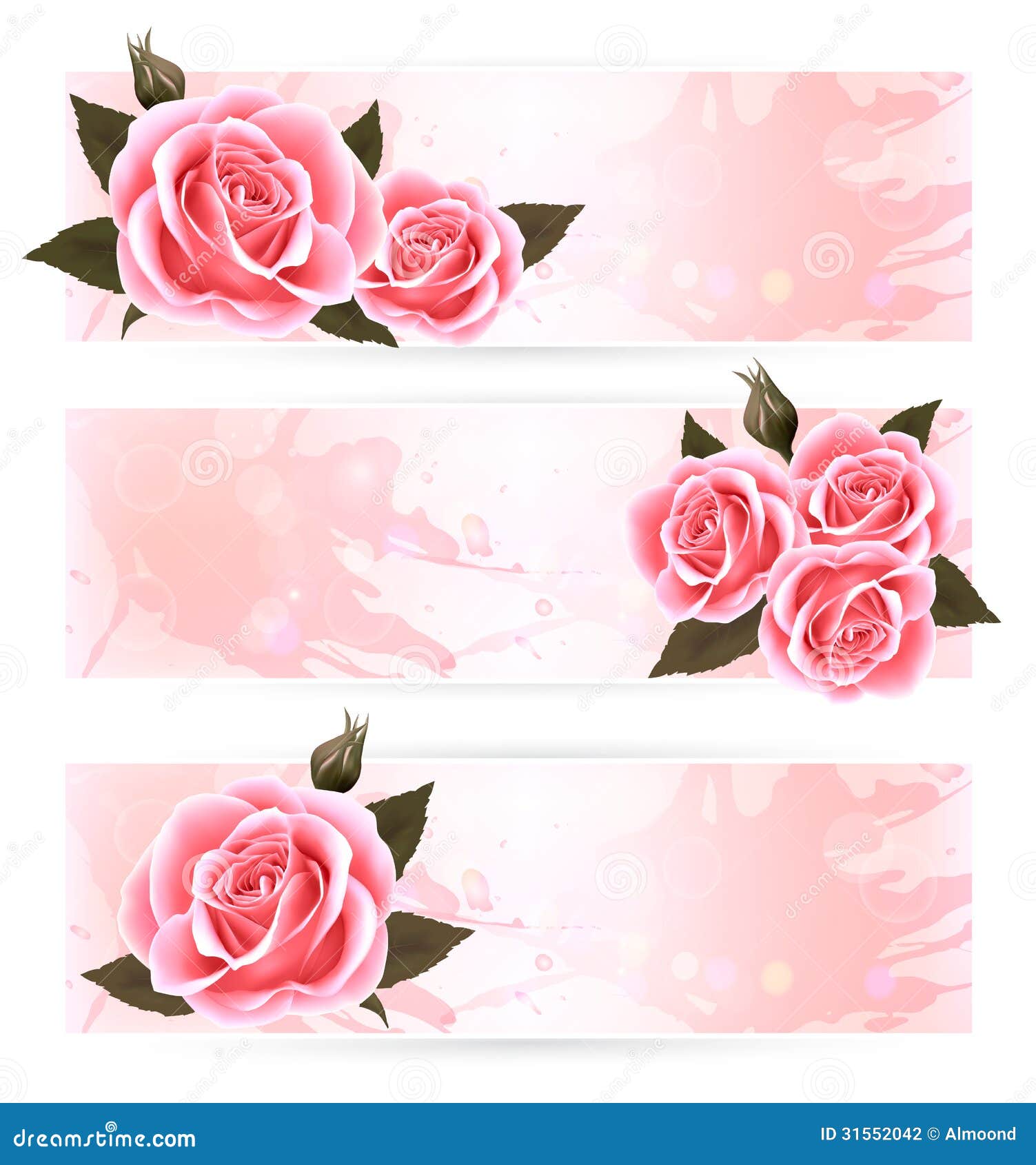 Three Holiday Banners with Pink Beautiful Roses. Stock Vector ...